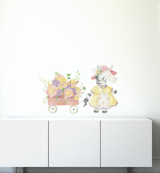 Cecilia The Zebra Pulling Her Flower Cart Wall Sticker| Little Sticker Boy